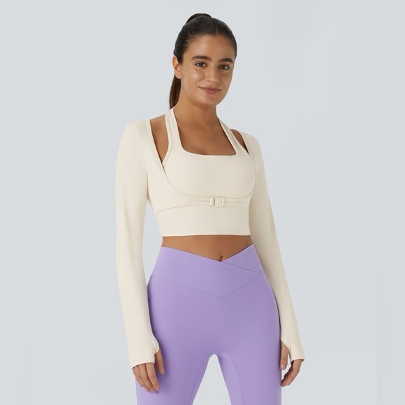 HALARA | Tops | Halara Softlyzero Plush Halter Thumb Hole Long Sleeve ...